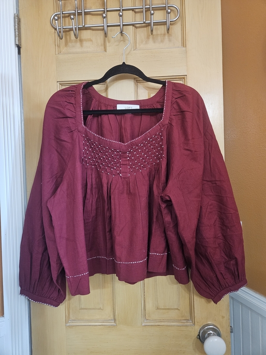 LOFT | Tops | Loft Burgundy Embroidered Smocked Squareneck Blouse ...